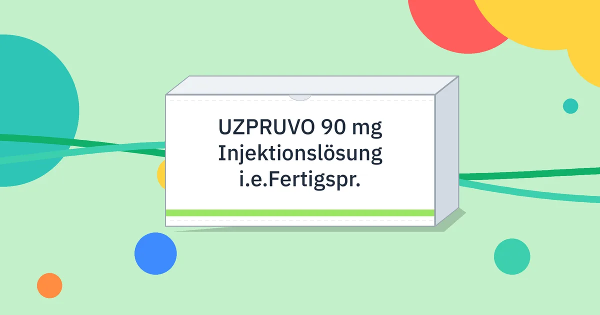 Symbolbild: Packung mit der Aufschrift UZPRUVO 90 mg Injektionslösung i.e.Fertigspr. (PZN 20164465) – Verfügbarkeit und Bezug in Apotheken in Frankfurt am Main