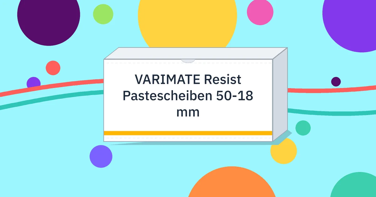 Symbolbild: Packung mit der Aufschrift VARIMATE Resist Pastescheiben 50-18 mm (PZN 02788529) – Verfügbarkeit und Bezug in Apotheken in Frankfurt am Main