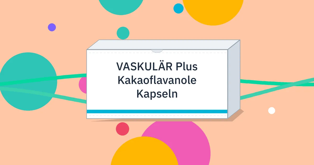 Symbolbild: Packung mit der Aufschrift VASKULÄR Plus Kakaoflavanole Kapseln (PZN 14163763) – Verfügbarkeit und Bezug in Apotheken in Frankfurt am Main