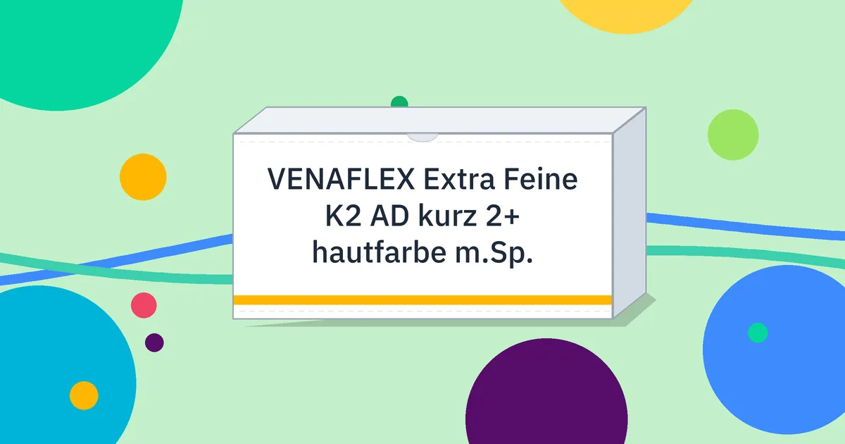 Symbolbild: Packung mit der Aufschrift VENAFLEX Extra Feine K2 AD kurz 2+ hautfarbe m.Sp. (PZN 18308023) – Verfügbarkeit und Bezug in Apotheken in Frankfurt am Main