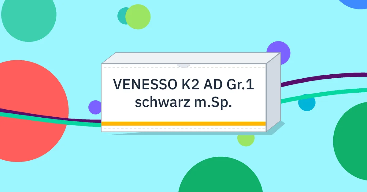 Symbolbild: Packung mit der Aufschrift VENESSO K2 AD Gr.1 schwarz m.Sp. (PZN 03258673) – Verfügbarkeit und Bezug in Apotheken in Frankfurt am Main