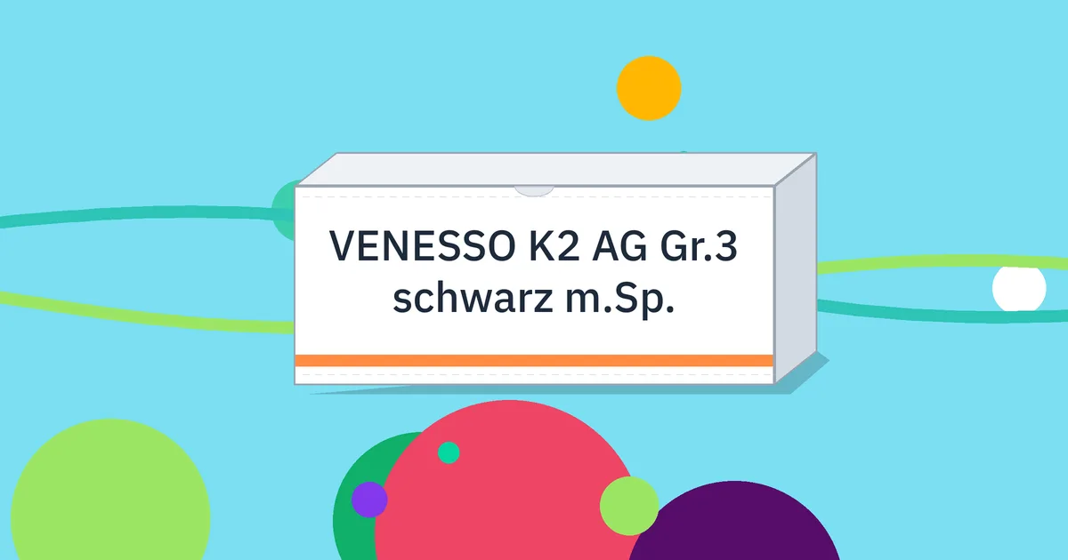 Symbolbild: Packung mit der Aufschrift VENESSO K2 AG Gr.3 schwarz m.Sp. (PZN 03277937) – Verfügbarkeit und Bezug in Apotheken in Frankfurt am Main