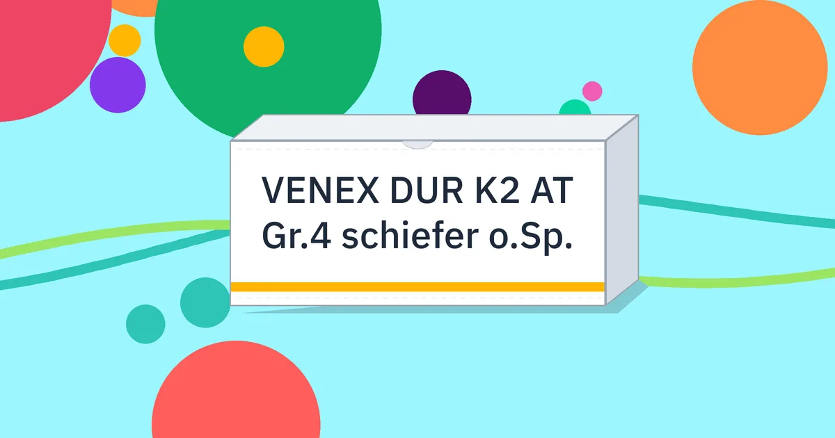 Symbolbild: Packung mit der Aufschrift VENEX DUR K2 AT Gr.4 schiefer o.Sp. (PZN 03224740) – Verfügbarkeit und Bezug in Apotheken in Frankfurt am Main