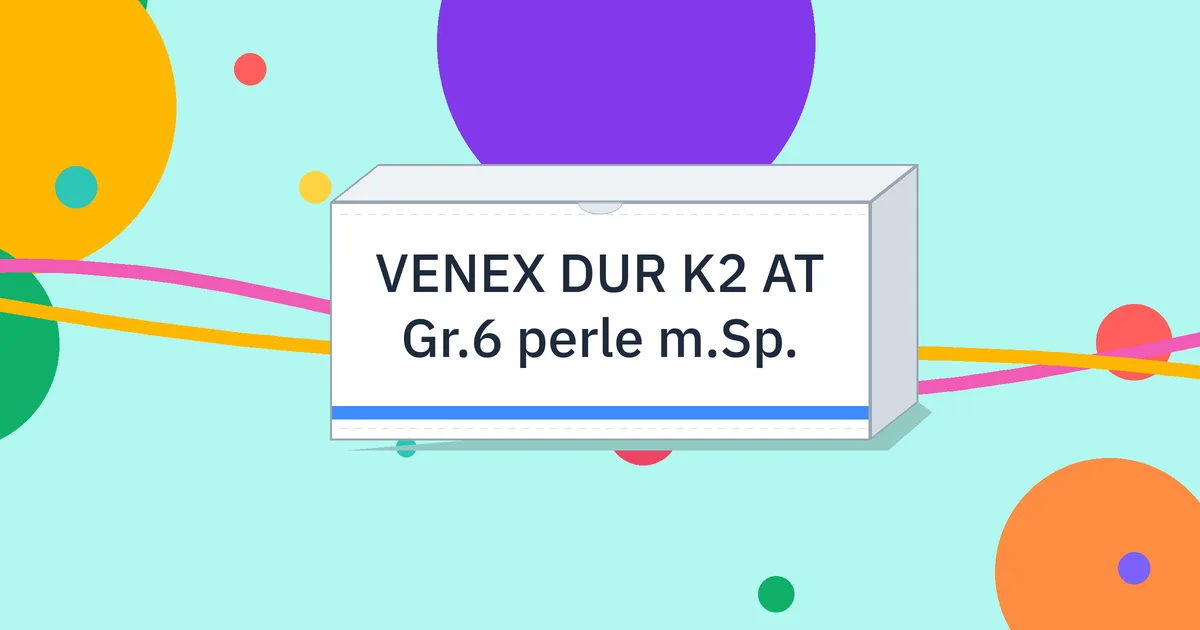 Symbolbild: Packung mit der Aufschrift VENEX DUR K2 AT Gr.6 perle m.Sp. (PZN 03221807) – Verfügbarkeit und Bezug in Apotheken in Frankfurt am Main