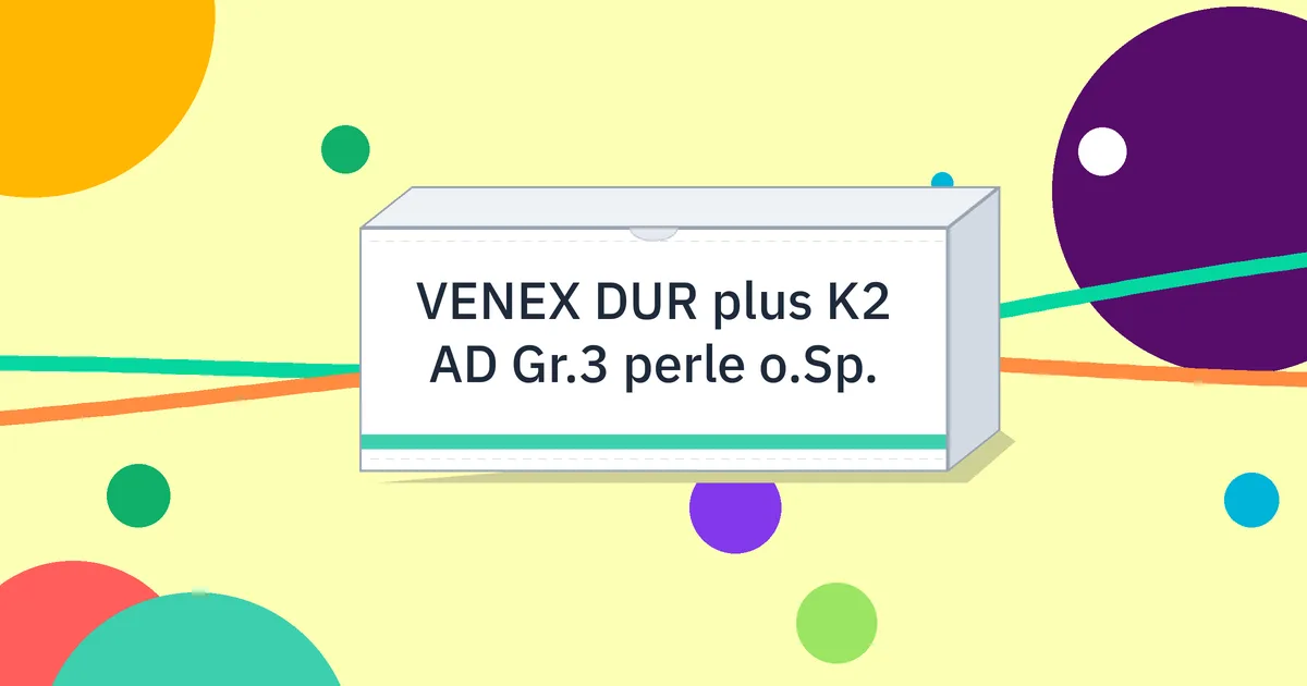 Symbolbild: Packung mit der Aufschrift VENEX DUR plus K2 AD Gr.3 perle o.Sp. (PZN 03233874) – Verfügbarkeit und Bezug in Apotheken in Frankfurt am Main
