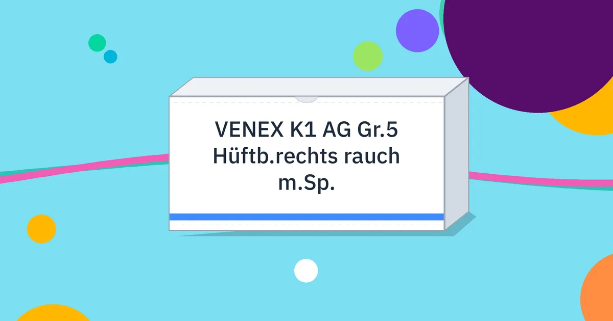 Symbolbild: Packung mit der Aufschrift VENEX K1 AG Gr.5 Hüftb.rechts rauch m.Sp. (PZN 03202187) – Verfügbarkeit und Bezug in Apotheken in Frankfurt am Main