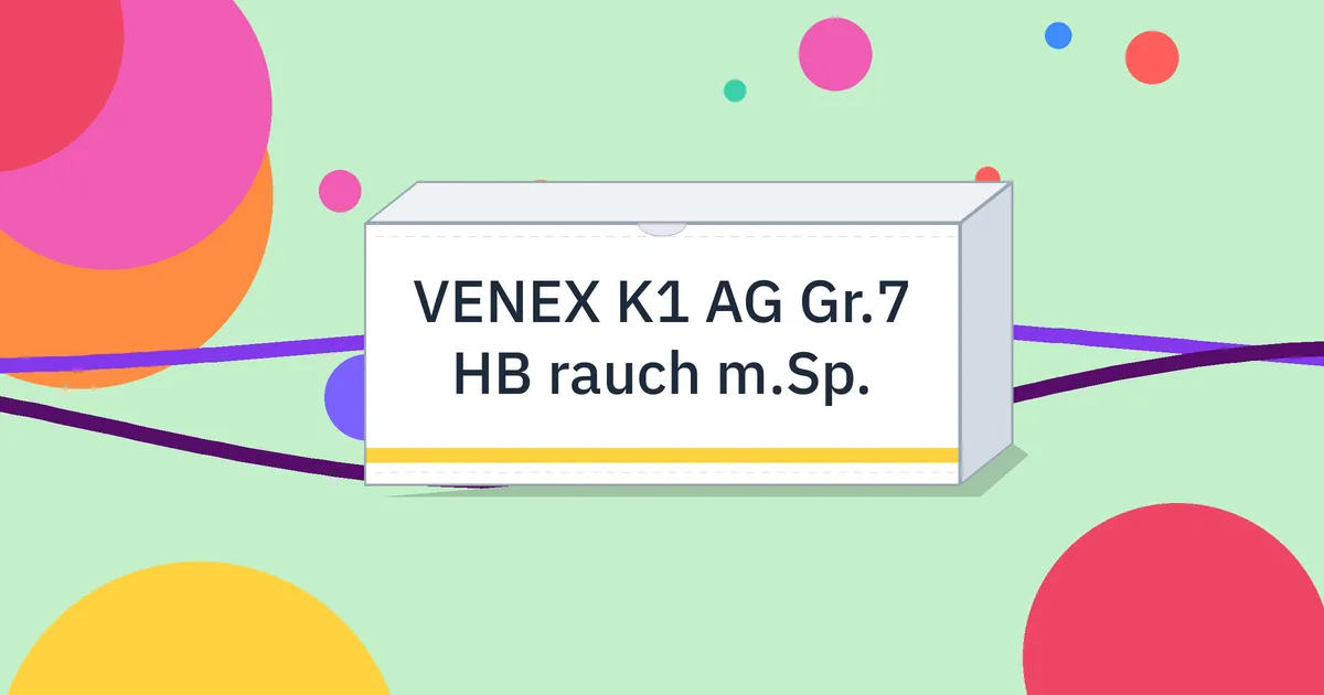 Symbolbild: Packung mit der Aufschrift VENEX K1 AG Gr.7 HB rauch m.Sp. (PZN 03190840) – Verfügbarkeit und Bezug in Apotheken in Frankfurt am Main