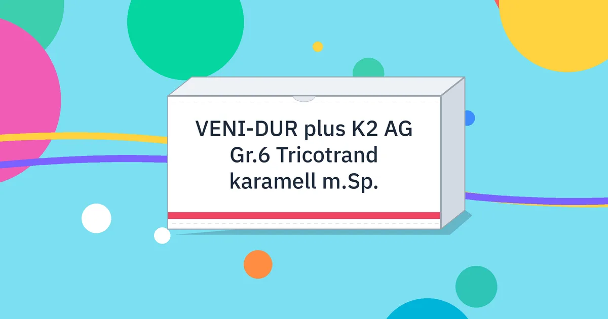 Symbolbild: Packung mit der Aufschrift VENI-DUR plus K2 AG Gr.6 Tricotrand karamell m.Sp. (PZN 13762585) – Verfügbarkeit und Bezug in Apotheken in Frankfurt am Main