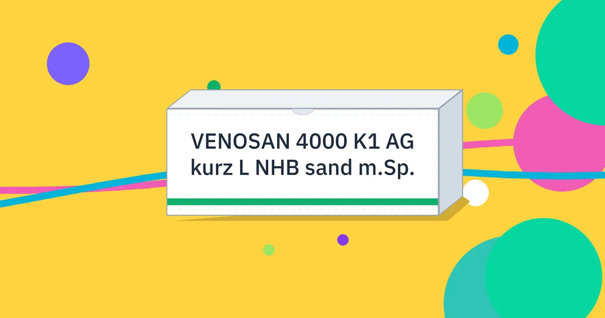 Symbolbild: Packung mit der Aufschrift VENOSAN 4000 K1 AG kurz L NHB sand m.Sp. (PZN 14422271) – Verfügbarkeit und Bezug in Apotheken in Frankfurt am Main