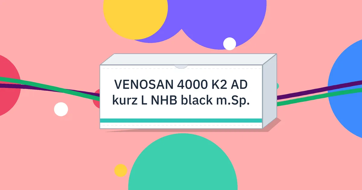Symbolbild: Packung mit der Aufschrift VENOSAN 4000 K2 AD kurz L NHB black m.Sp. (PZN 14427481) – Verfügbarkeit und Bezug in Apotheken in Frankfurt am Main