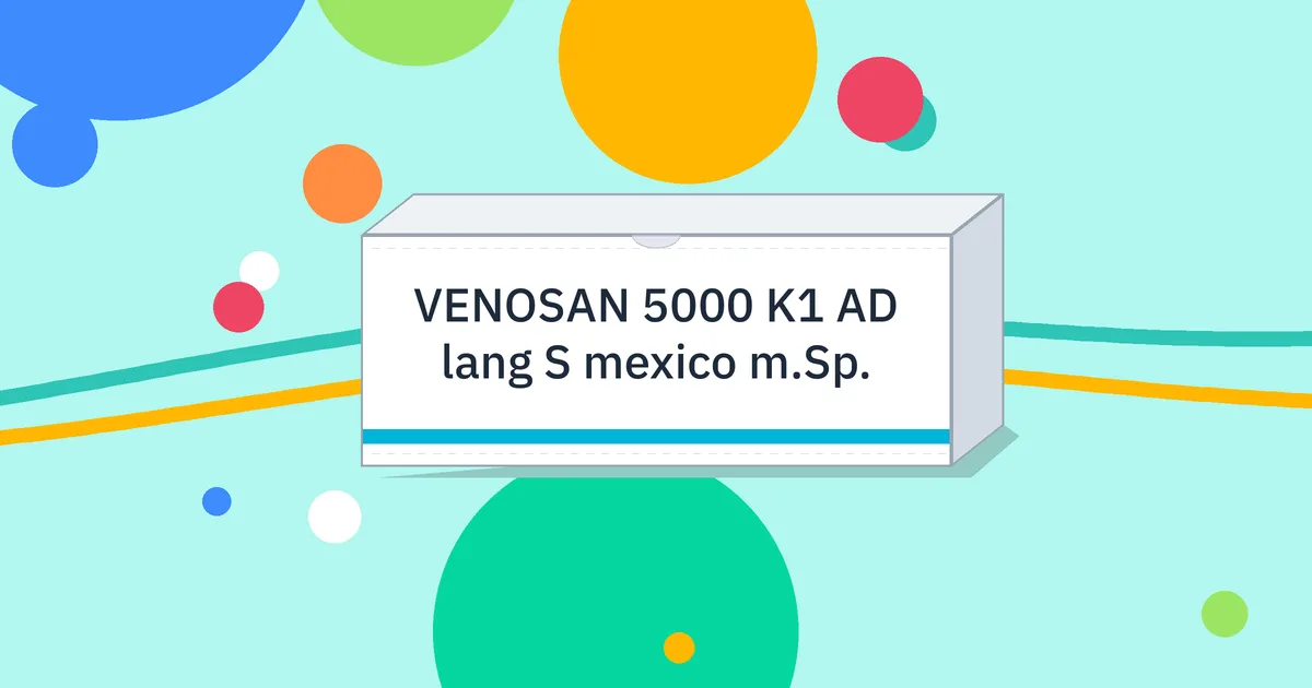 Symbolbild: Packung mit der Aufschrift VENOSAN 5000 K1 AD lang S mexico m.Sp. (PZN 14429103) – Verfügbarkeit und Bezug in Apotheken in Frankfurt am Main