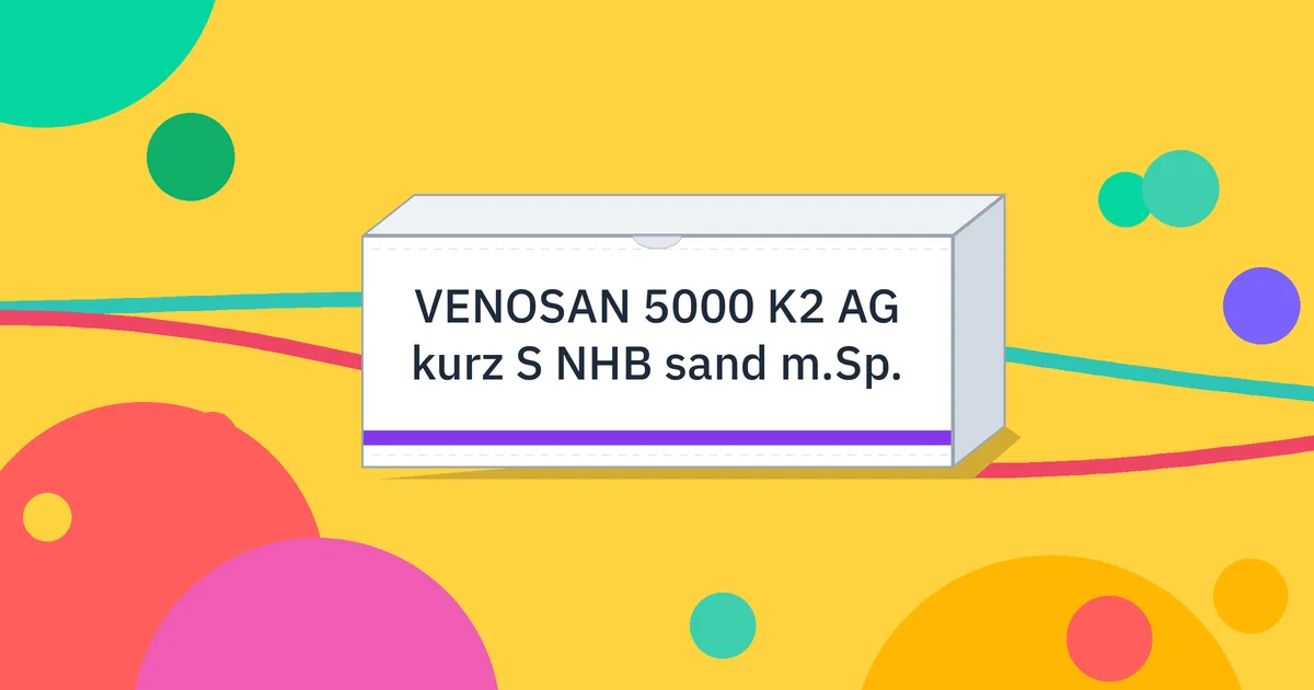 Symbolbild: Packung mit der Aufschrift VENOSAN 5000 K2 AG kurz S NHB sand m.Sp. (PZN 14429008) – Verfügbarkeit und Bezug in Apotheken in Frankfurt am Main