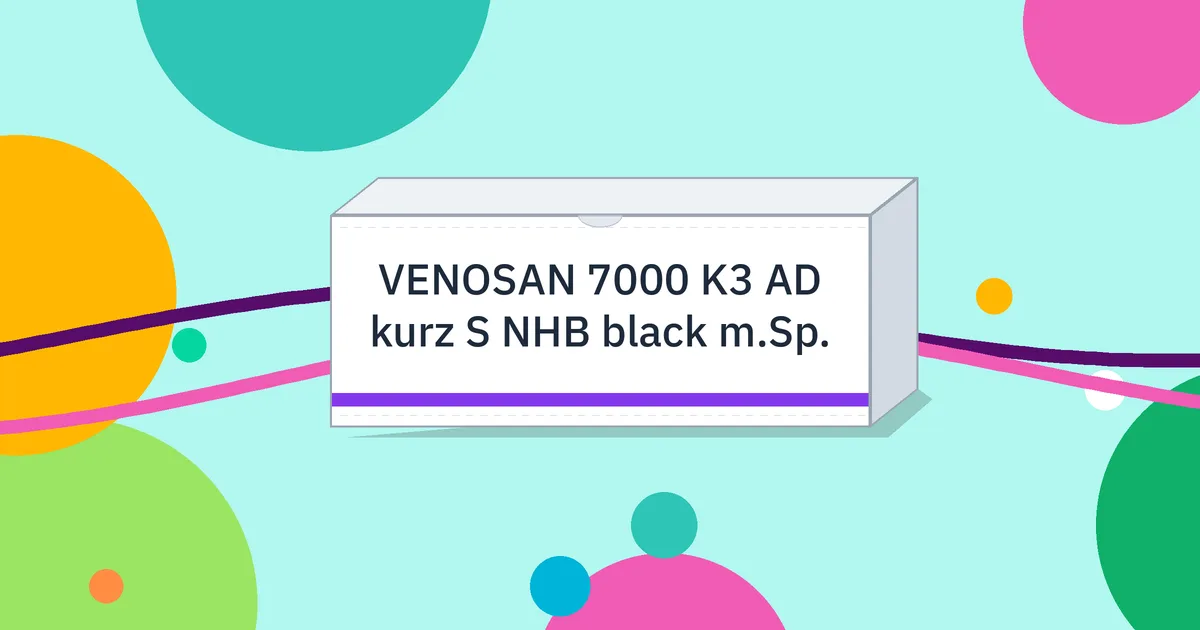 Symbolbild: Packung mit der Aufschrift VENOSAN 7000 K3 AD kurz S NHB black m.Sp. (PZN 14436422) – Verfügbarkeit und Bezug in Apotheken in Frankfurt am Main