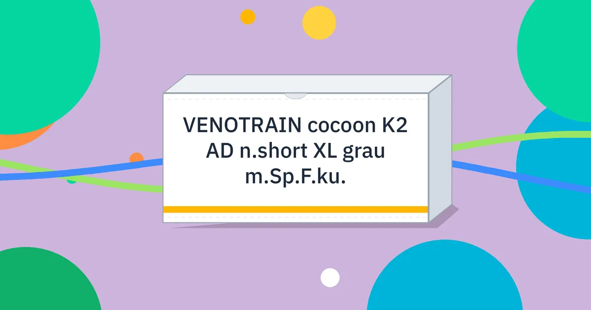 Symbolbild: Packung mit der Aufschrift VENOTRAIN cocoon K2 AD n.short XL grau m.Sp.F.ku. (PZN 19198559) – Verfügbarkeit und Bezug in Apotheken in Frankfurt am Main