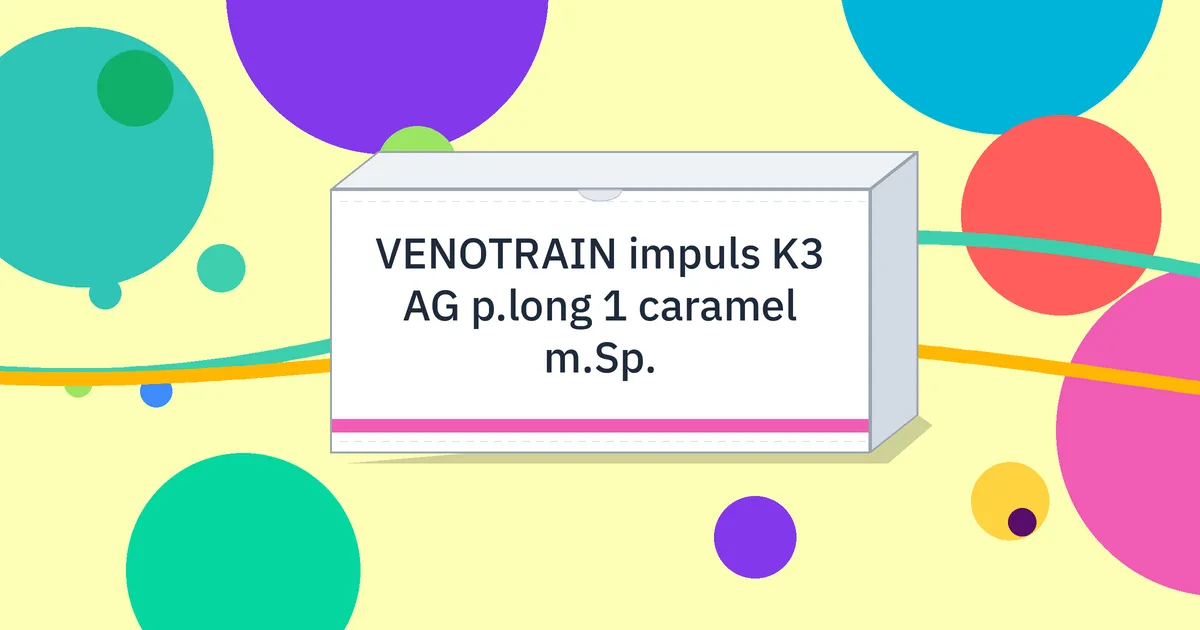 Symbolbild: Packung mit der Aufschrift VENOTRAIN impuls K3 AG p.long 1 caramel m.Sp. (PZN 00496716) – Verfügbarkeit und Bezug in Apotheken in Frankfurt am Main