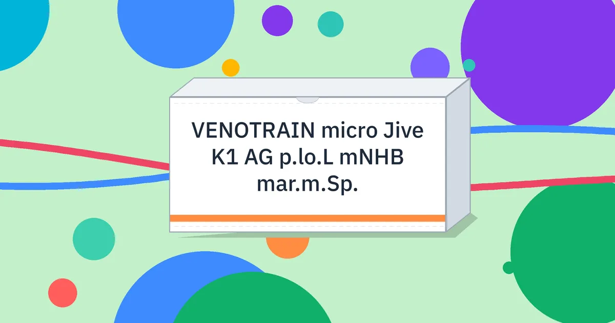 Symbolbild: Packung mit der Aufschrift VENOTRAIN micro Jive K1 AG p.lo.L mNHB mar.m.Sp. (PZN 17761921) – Verfügbarkeit und Bezug in Apotheken in Frankfurt am Main
