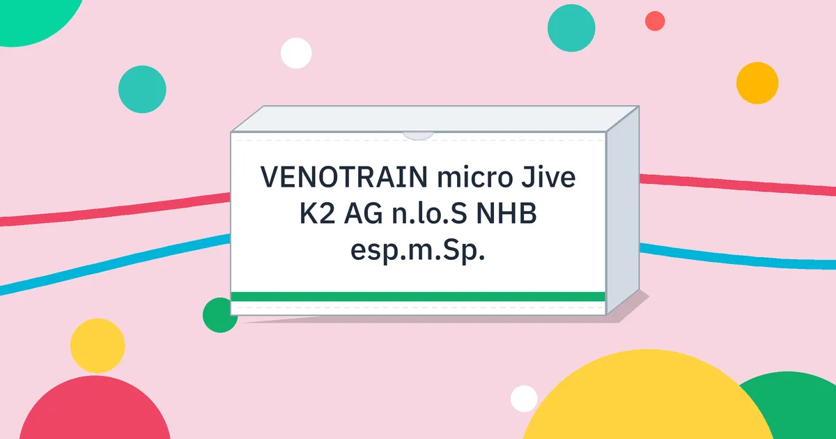 Symbolbild: Packung mit der Aufschrift VENOTRAIN micro Jive K2 AG n.lo.S NHB esp.m.Sp. (PZN 17765936) – Verfügbarkeit und Bezug in Apotheken in Frankfurt am Main