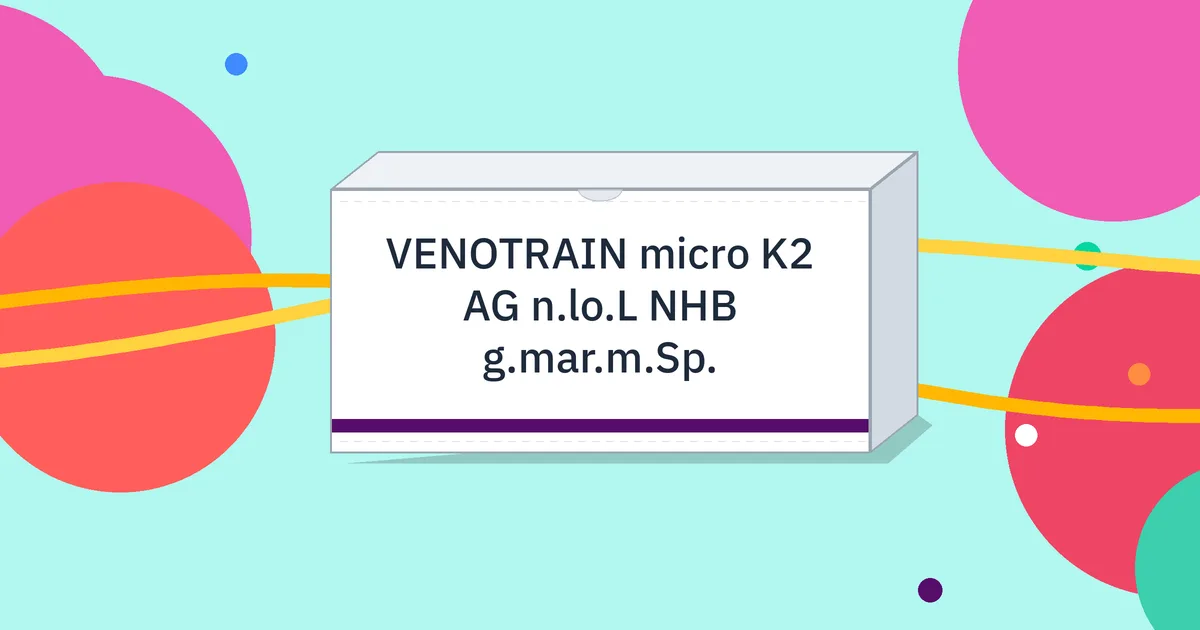 Symbolbild: Packung mit der Aufschrift VENOTRAIN micro K2 AG n.lo.L NHB g.mar.m.Sp. (PZN 04647402) – Verfügbarkeit und Bezug in Apotheken in Frankfurt am Main