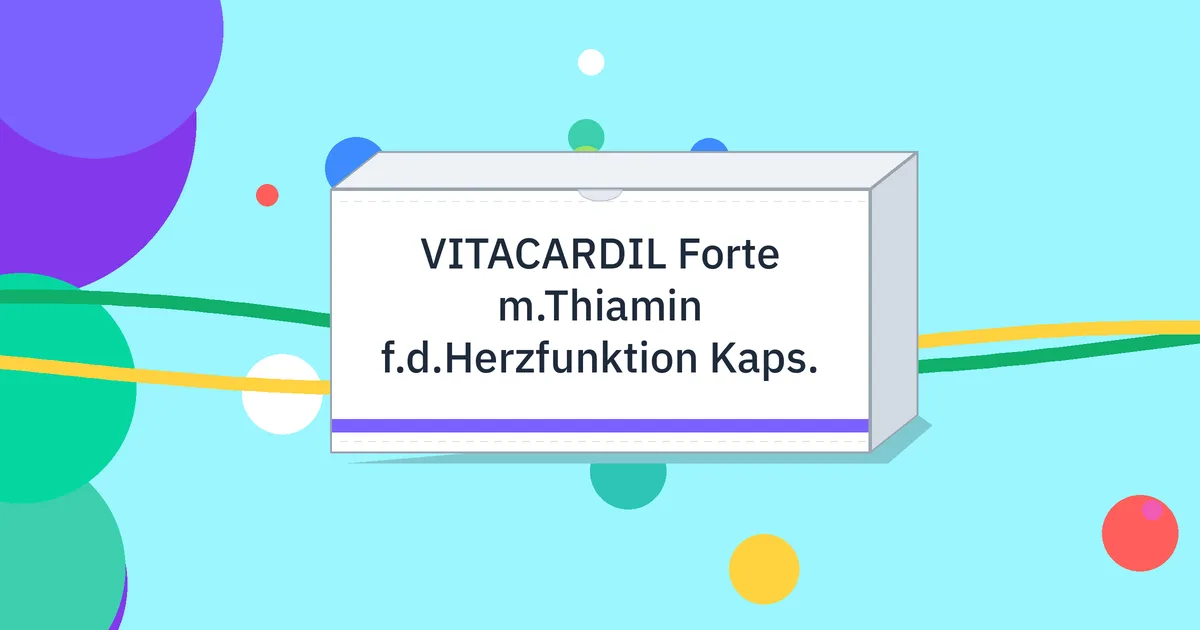 Symbolbild: Packung mit der Aufschrift VITACARDIL Forte m.Thiamin f.d.Herzfunktion Kaps. (PZN 19361692) – Verfügbarkeit und Bezug in Apotheken in Frankfurt am Main