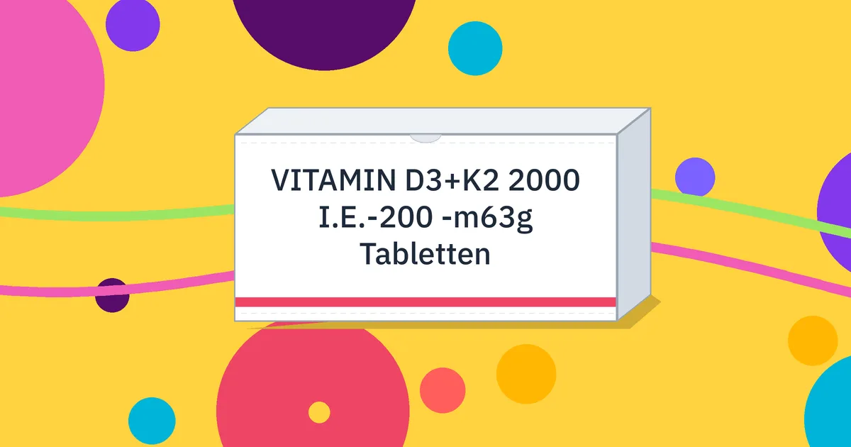 Symbolbild: Packung mit der Aufschrift VITAMIN D3+K2 2000 I.E.-200 -m63g Tabletten (PZN 14444947) – Verfügbarkeit und Bezug in Apotheken in Frankfurt am Main