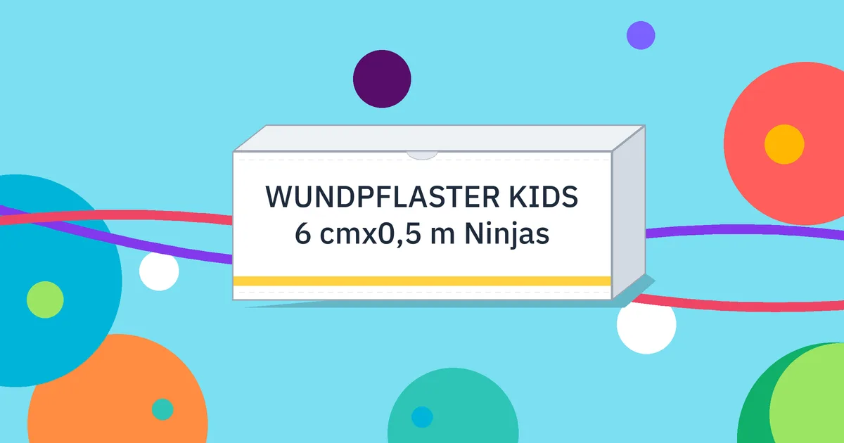 Symbolbild: Packung mit der Aufschrift WUNDPFLASTER KIDS 6 cmx0,5 m Ninjas (PZN 15248958) – Verfügbarkeit und Bezug in Apotheken in Frankfurt am Main