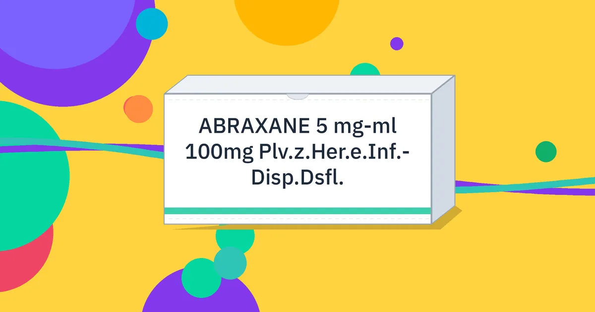 Symbolbild: Packung mit der Aufschrift ABRAXANE 5 mg-ml 100mg Plv.z.Her.e.Inf.-Disp.Dsfl. (PZN 18493227) – Verfügbarkeit und Bezug in Apotheken in Frankfurt am Main
