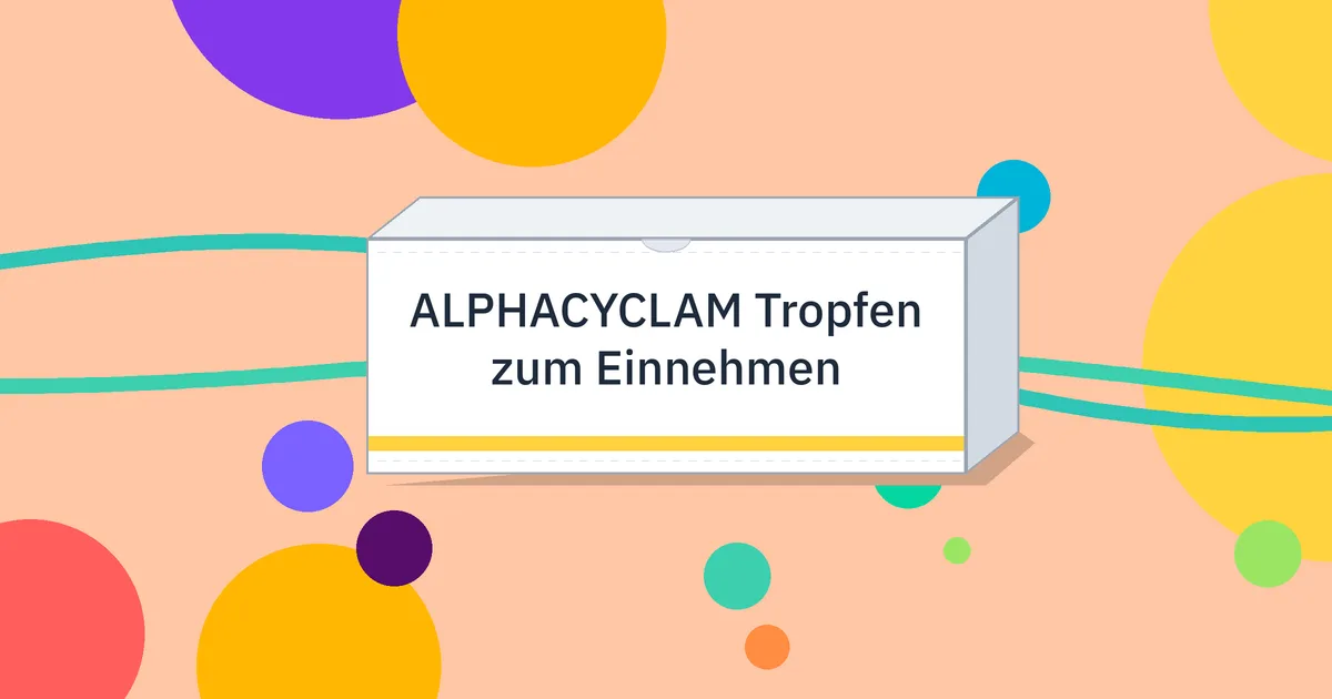 Symbolbild: Packung mit der Aufschrift ALPHACYCLAM Tropfen zum Einnehmen (PZN 01412087) – Verfügbarkeit und Bezug in Apotheken in Frankfurt am Main