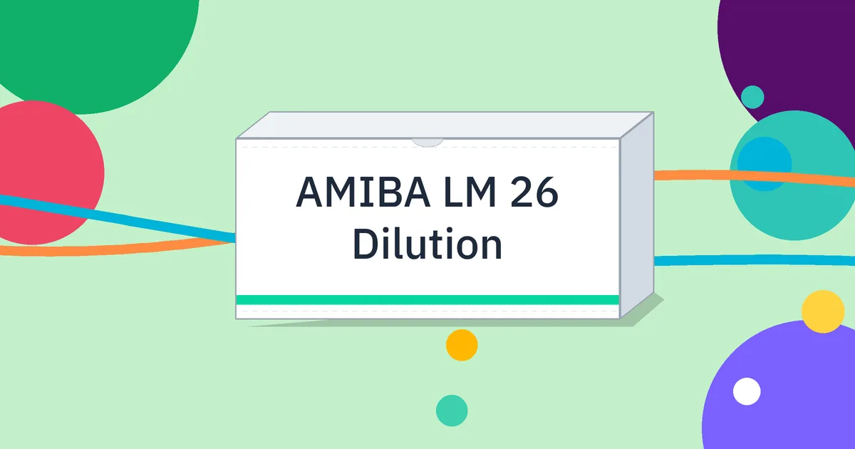 Symbolbild: Packung mit der Aufschrift AMIBA LM 26 Dilution (PZN 13318726) – Verfügbarkeit und Bezug in Apotheken in Frankfurt am Main