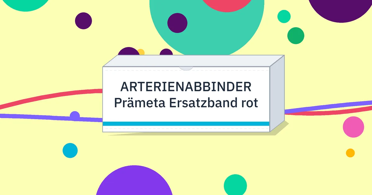 Symbolbild: Packung mit der Aufschrift ARTERIENABBINDER Prämeta Ersatzband rot (PZN 02438321) – Verfügbarkeit und Bezug in Apotheken in Frankfurt am Main