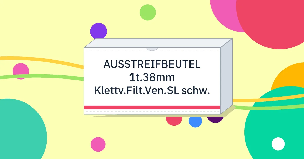 Symbolbild: Packung mit der Aufschrift AUSSTREIFBEUTEL 1t.38mm Klettv.Filt.Ven.SL schw. (PZN 18424054) – Verfügbarkeit und Bezug in Apotheken in Frankfurt am Main