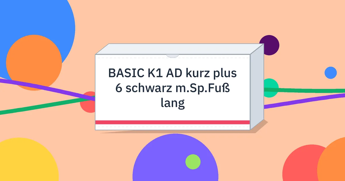 Symbolbild: Packung mit der Aufschrift BASIC K1 AD kurz plus 6 schwarz m.Sp.Fuß lang (PZN 20259160) – Verfügbarkeit und Bezug in Apotheken in Frankfurt am Main