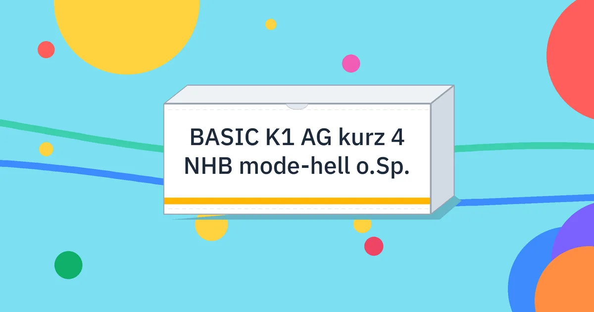 Symbolbild: Packung mit der Aufschrift BASIC K1 AG kurz 4 NHB mode-hell o.Sp. (PZN 20260915) – Verfügbarkeit und Bezug in Apotheken in Frankfurt am Main