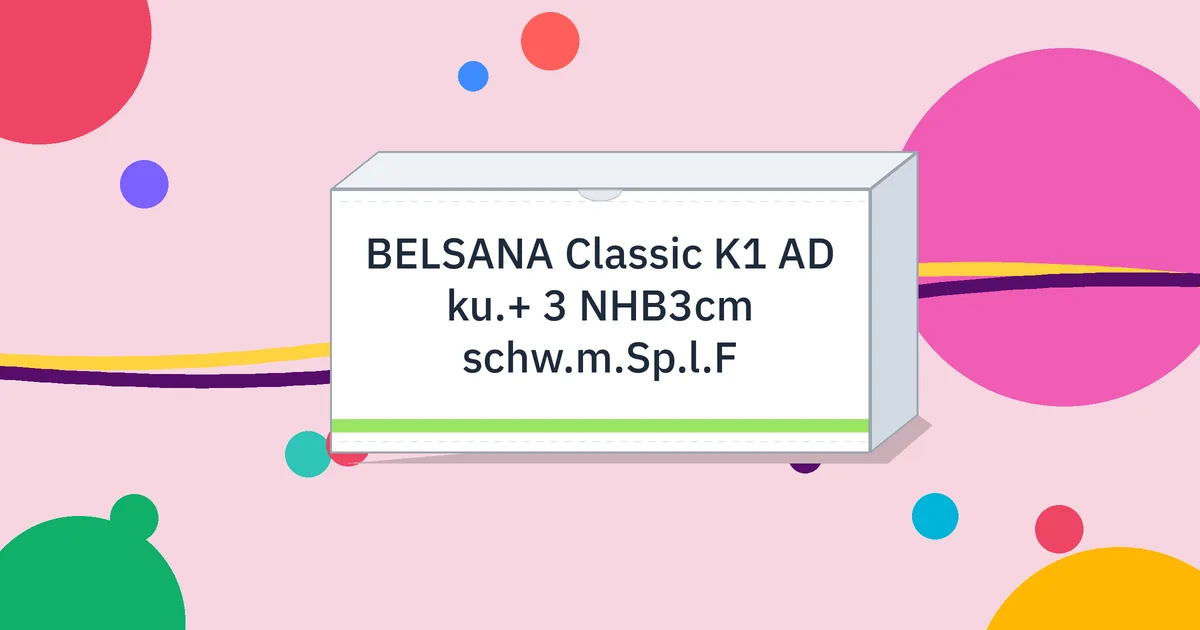 Symbolbild: Packung mit der Aufschrift BELSANA Classic K1 AD ku.+ 3 NHB3cm schw.m.Sp.l.F (PZN 19255381) – Verfügbarkeit und Bezug in Apotheken in Frankfurt am Main