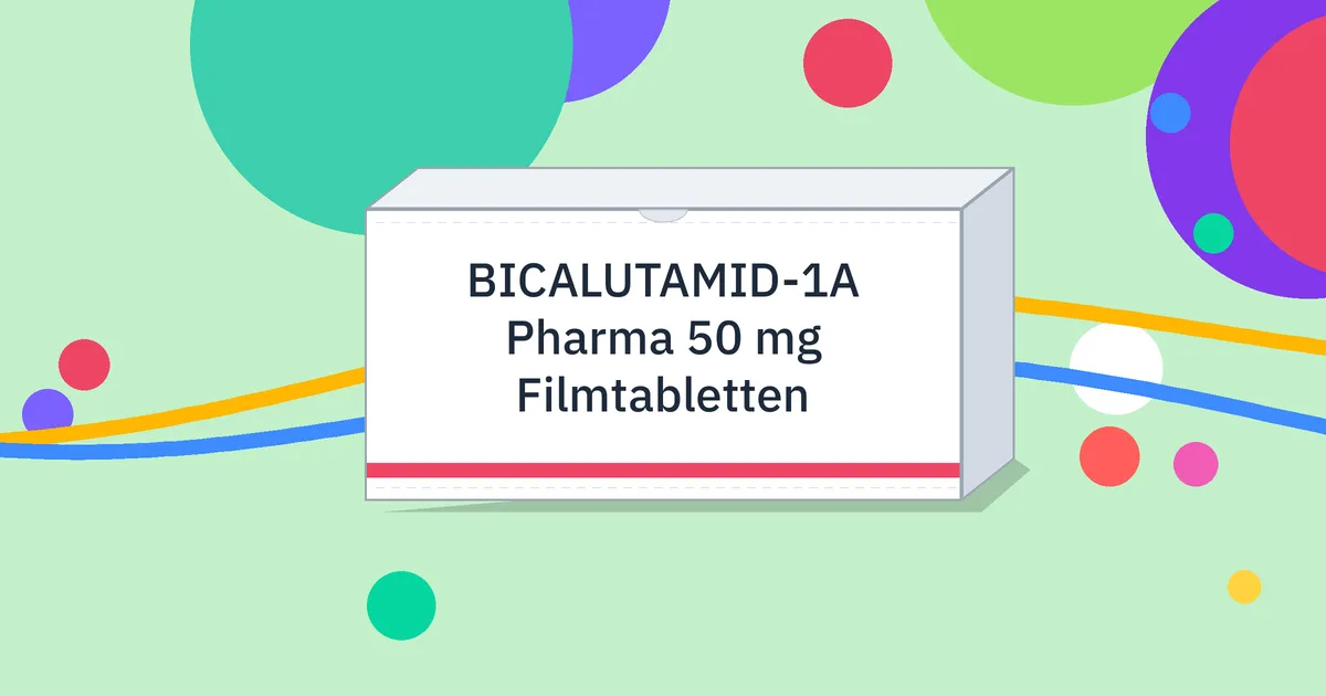 Symbolbild: Packung mit der Aufschrift BICALUTAMID-1A Pharma 50 mg Filmtabletten (PZN 06312137) – Verfügbarkeit und Bezug in Apotheken in Frankfurt am Main