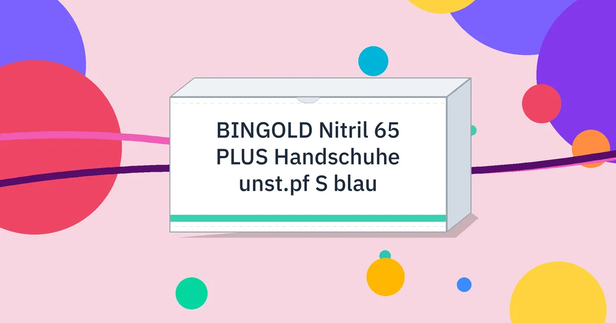 Symbolbild: Packung mit der Aufschrift BINGOLD Nitril 65 PLUS Handschuhe unst.pf S blau (PZN 17384275) – Verfügbarkeit und Bezug in Apotheken in Frankfurt am Main