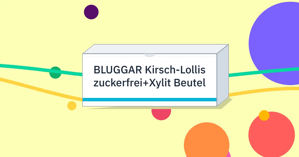 Symbolbild: Packung mit der Aufschrift BLUGGAR Kirsch-Lollis zuckerfrei+Xylit Beutel (PZN 20596779) – Verfügbarkeit und Bezug in Apotheken in Frankfurt am Main