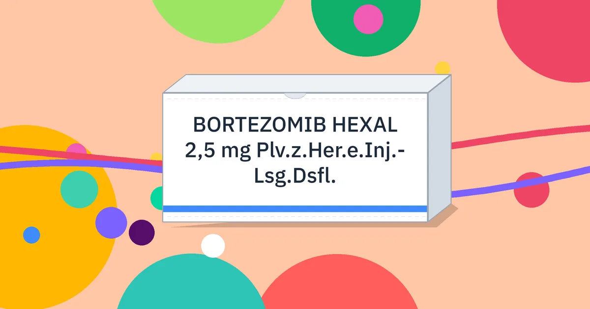 Symbolbild: Packung mit der Aufschrift BORTEZOMIB HEXAL 2,5 mg Plv.z.Her.e.Inj.-Lsg.Dsfl. (PZN 18713775) – Verfügbarkeit und Bezug in Apotheken in Frankfurt am Main