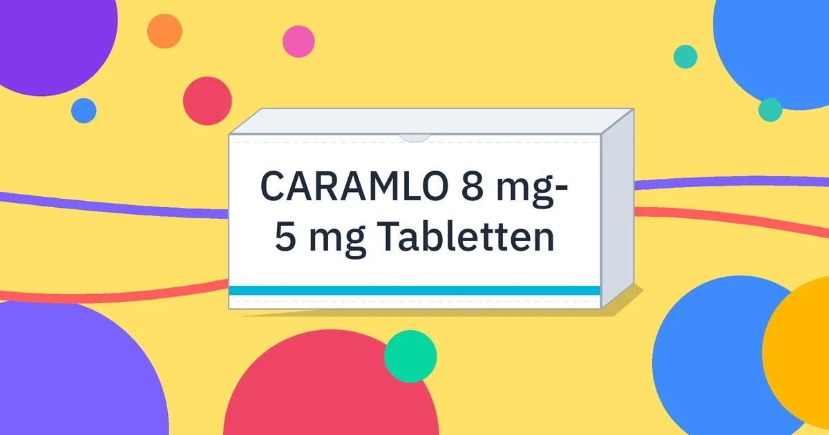 Symbolbild: Packung mit der Aufschrift CARAMLO 8 mg-5 mg Tabletten (PZN 16037695) – Verfügbarkeit und Bezug in Apotheken in Frankfurt am Main