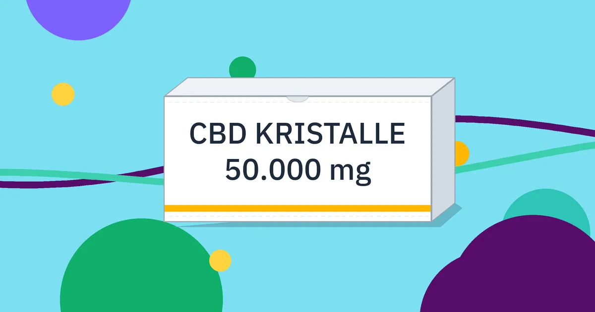 Symbolbild: Packung mit der Aufschrift CBD KRISTALLE 50.000 mg (PZN 15300512) – Verfügbarkeit und Bezug in Apotheken in Frankfurt am Main