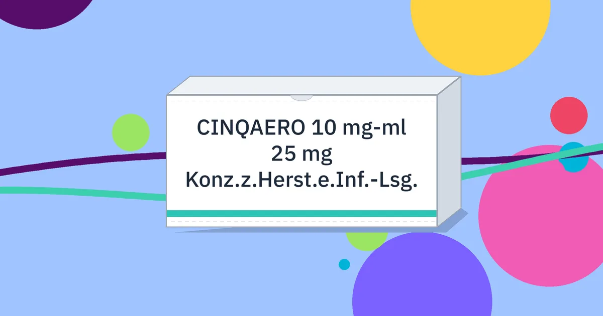 Symbolbild: Packung mit der Aufschrift CINQAERO 10 mg-ml 25 mg Konz.z.Herst.e.Inf.-Lsg. (PZN 12359918) – Verfügbarkeit und Bezug in Apotheken in Frankfurt am Main