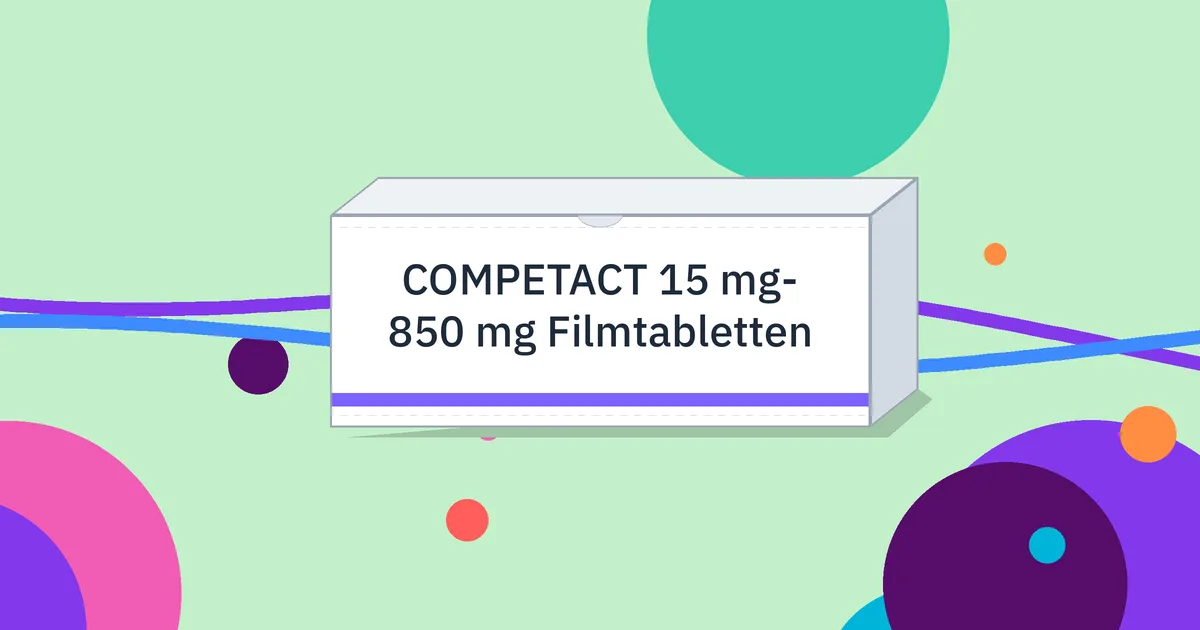 Symbolbild: Packung mit der Aufschrift COMPETACT 15 mg-850 mg Filmtabletten (PZN 10252145) – Verfügbarkeit und Bezug in Apotheken in Frankfurt am Main