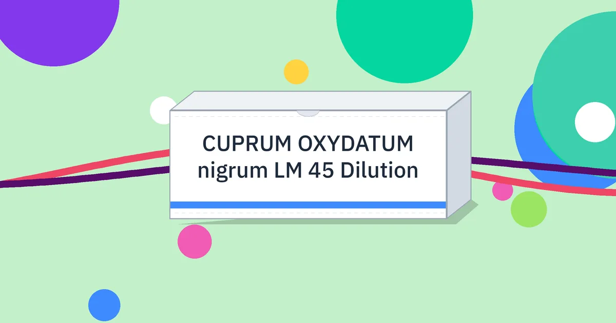 Symbolbild: Packung mit der Aufschrift CUPRUM OXYDATUM nigrum LM 45 Dilution (PZN 13458901) – Verfügbarkeit und Bezug in Apotheken in Frankfurt am Main