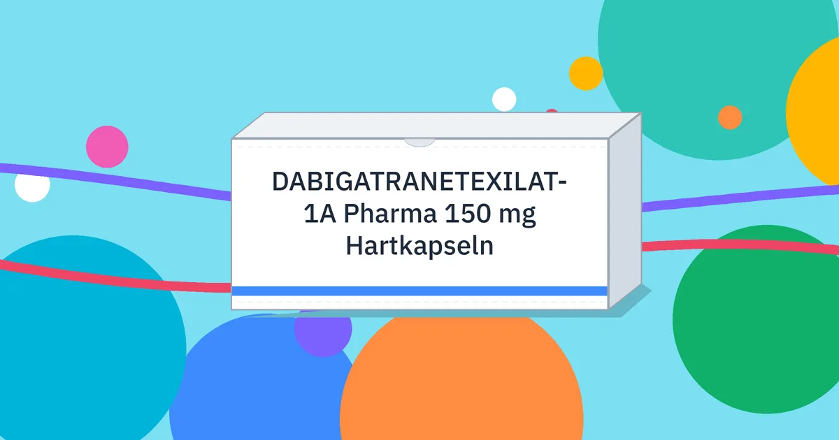 Symbolbild: Packung mit der Aufschrift DABIGATRANETEXILAT-1A Pharma 150 mg Hartkapseln (PZN 18121336) – Verfügbarkeit und Bezug in Apotheken in Frankfurt am Main
