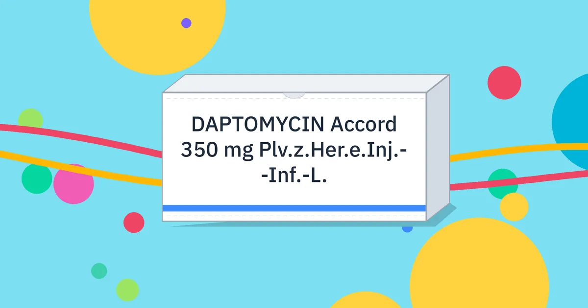 Symbolbild: Packung mit der Aufschrift DAPTOMYCIN Accord 350 mg Plv.z.Her.e.Inj.--Inf.-L. (PZN 13892939) – Verfügbarkeit und Bezug in Apotheken in Frankfurt am Main