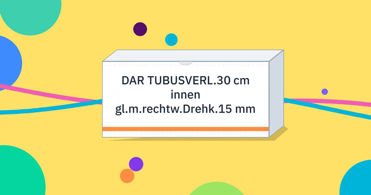 Symbolbild: Packung mit der Aufschrift DAR TUBUSVERL.30 cm innen gl.m.rechtw.Drehk.15 mm (PZN 03155418) – Verfügbarkeit und Bezug in Apotheken in Frankfurt am Main
