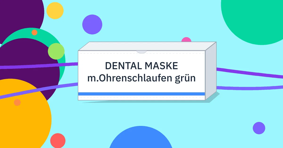Symbolbild: Packung mit der Aufschrift DENTAL MASKE m.Ohrenschlaufen grün (PZN 07704595) – Verfügbarkeit und Bezug in Apotheken in Frankfurt am Main