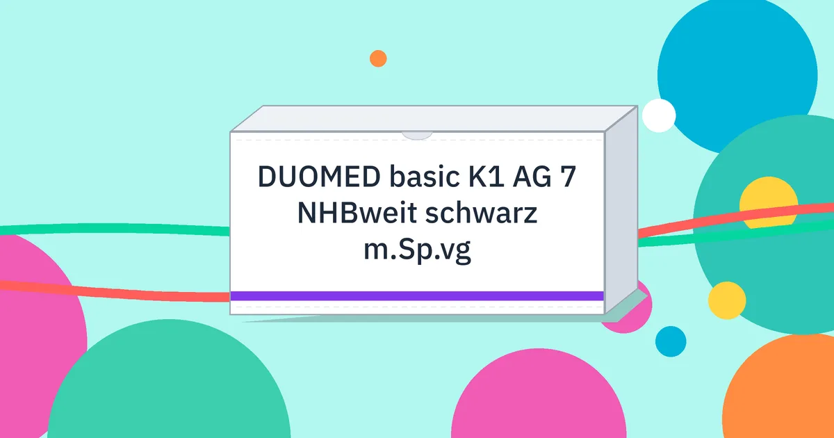 Symbolbild: Packung mit der Aufschrift DUOMED basic K1 AG 7 NHBweit schwarz m.Sp.vg (PZN 20905884) – Verfügbarkeit und Bezug in Apotheken in Frankfurt am Main