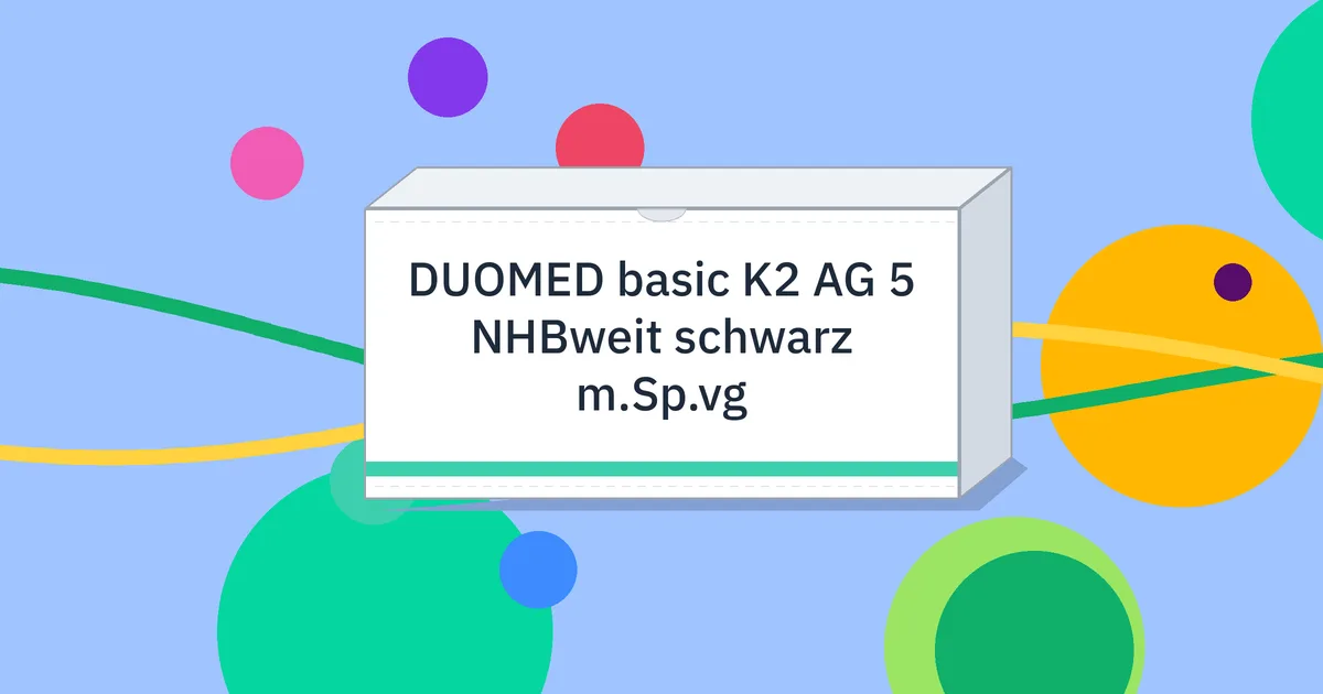 Symbolbild: Packung mit der Aufschrift DUOMED basic K2 AG 5 NHBweit schwarz m.Sp.vg (PZN 20909273) – Verfügbarkeit und Bezug in Apotheken in Frankfurt am Main