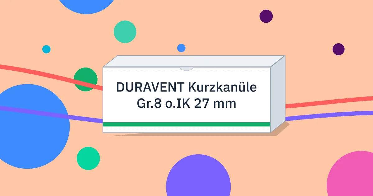 Symbolbild: Packung mit der Aufschrift DURAVENT Kurzkanüle Gr.8 o.IK 27 mm (PZN 04461293) – Verfügbarkeit und Bezug in Apotheken in Frankfurt am Main