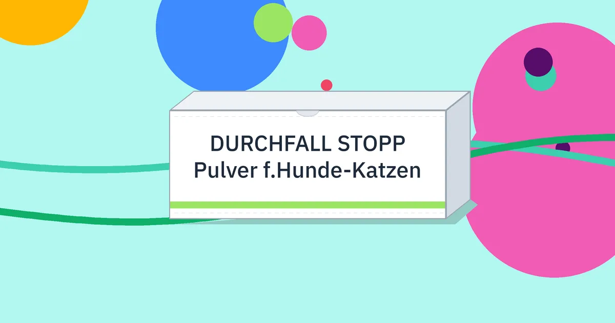 Symbolbild: Packung mit der Aufschrift DURCHFALL STOPP Pulver f.Hunde-Katzen (PZN 19881380) – Verfügbarkeit und Bezug in Apotheken in Frankfurt am Main